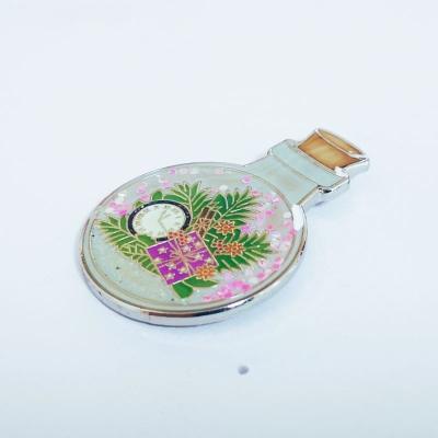 China Custom Soft Enamel Perfume Bottle Pin 40x27mm Iron Glitter Epoxy Domed Metal Clutch for sale