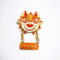 China Gold Finished Stamped Iron Soft Enamel Pins Lion Dance Head 40x35mm Chinese Text for sale