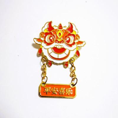 China Gold Finished Stamped Iron Soft Enamel Pins Lion Dance Head 40x35mm Chinese Text for sale