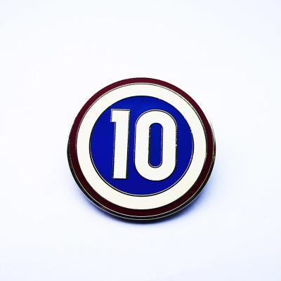 China Custom Round Hard Enamel Pin Numeral 10 Silver 1.5 Inch Double Posts Rubber Clutch for sale