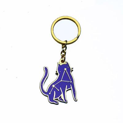 China Gold Plated Cute Cat Hard Enamel Keychains 40mm Attached With 30mm Split Ring for sale