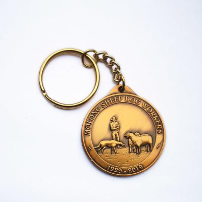 China Zinc Alloy Vintage Keychain Antique Gold 40mm Commemorative Metal Key Ring for sale