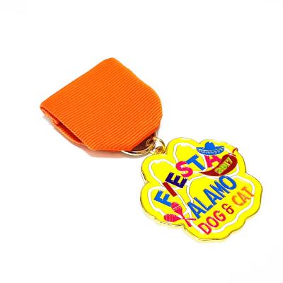 China Custom Iron Dog Paw Medal 1.75 Inch Gold Finish with Short Ribbon Attachment for sale