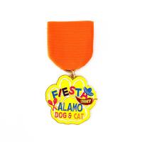 China Custom Iron Dog Paw Medal 1.75 Inch Gold Finish with Short Ribbon Attachment for sale