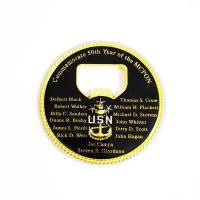 China Zinc Alloy 3D Epoxy Coated Metal Bottle Opener 75mm USN Style Gold Nickel Finish for sale