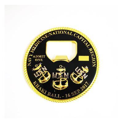 China Zinc Alloy 3D Epoxy Coated Metal Bottle Opener 75mm USN Style Gold Nickel Finish for sale