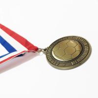 China Round Antique Bronze Soccer Metal Medal 2.5 Inch with 3D Blank Back and Polyester Ribbon for sale