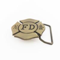 China Antique Bronze Die Cast Zinc Alloy FD Logo Belt Buckle 2.25 Inch Debossed Texts for sale