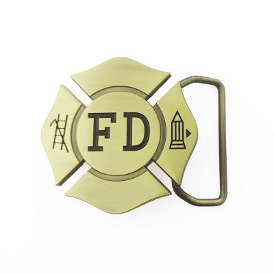 China Antique Bronze Die Cast Zinc Alloy FD Logo Belt Buckle 2.25 Inch Debossed Texts for sale