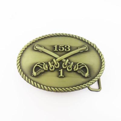 China 3D Antique Bronze Metal Belt Buckle Crossed Sabers 3.5x2.5 Inches Laser Engraving for sale