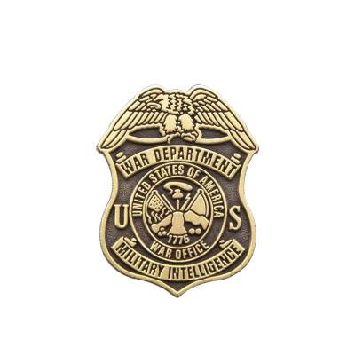 China Custom Die Struck Lapel Pin 1.5 Inch Shield Shape Antique Gold Plating Iron for sale