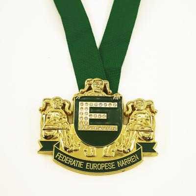 China Diecast Gold 3D Carnival Medal H63xW77mm with Acrylic Stones and Ribbon for sale