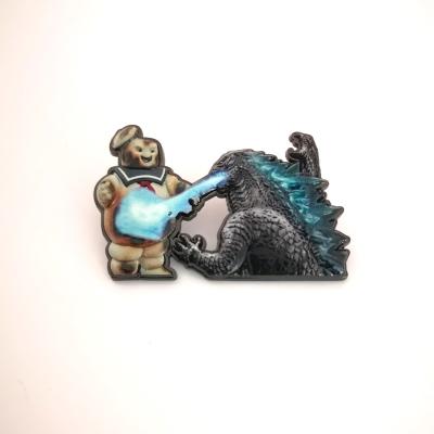 China 3D Diecast Godzilla UV Printed Metal Lapel Pin 50x35mm Black Nickel Rubber Clutch for sale