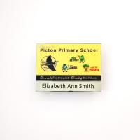 China Custom Metal Stamped Epoxy Domed School Badge 60x45mm with Printed Names for sale