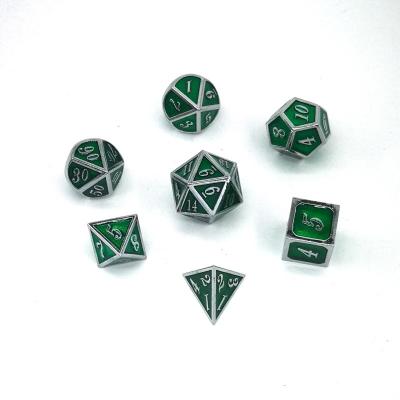 China Silver Plated Dark Green Metal Dice Set 7pcs 14mm for Tabletop Games DnD for sale