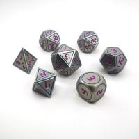 China Matte Silver Plated Zinc Alloy Metal Dice Set 7pcs 14mm Purple Numbers for Tabletop Games DnD for sale