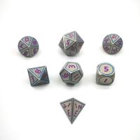 China Matte Silver Plated Zinc Alloy Metal Dice Set 7pcs 14mm Purple Numbers for Tabletop Games DnD for sale