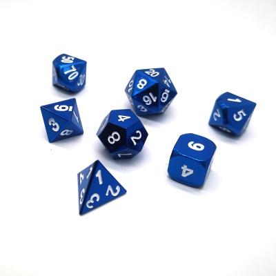 China Zinc Alloy Metal Dice Set 7pcs 14mm Blue Dyed with White Numbers for DnD Tabletop Games for sale