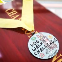 China Custom Cute Dog Walk Challenge Metal Medal 75mm Soft Enamel Black Dyed Diecast for sale