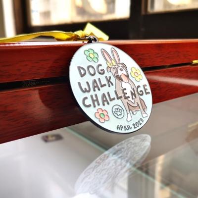 China Custom Cute Dog Walk Challenge Metal Medal 75mm Soft Enamel Black Dyed Diecast for sale