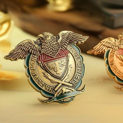 China Antique Gold Plated Die Struck Iron Pin 1.5 Inch Shield Shape Military War Department Pin for sale