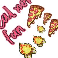 China Custom Embroidery Fun Patch Bonfire Iron on Hat Logo Patches Large Sequin Embroidery  Pizza Patch for sale