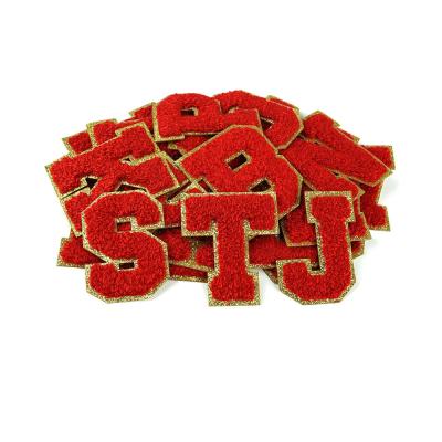 China Jeans Patch Quickly Produce Samples Self Adhesive Chenille Letter Patches Red Color Iron on Patches for Hats for sale