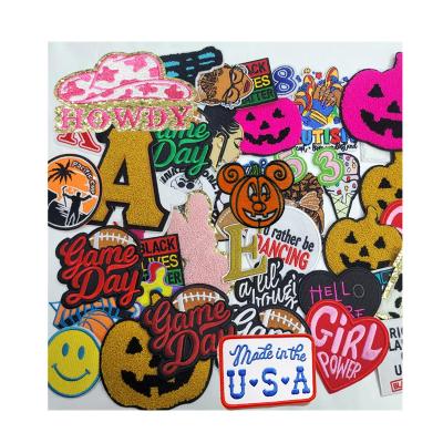 China Halloween Chenille Patches Cute Glitter Pumpkin Ghost Boo Skull Witch Bat Sew Iron Repair Embroidered Applique Flower Heart for sale