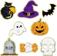 China Cute Halloween Chenille Sew-On Patches Glitter Pumpkin Ghost Boo Skull Witch Bat Embroidered Applique Sequins for Fabric for sale