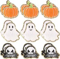 China Cute Halloween Chenille Sew-On Patches Glitter Pumpkin Ghost Boo Skull Witch Bat Embroidered Applique Sequins for Fabric for sale