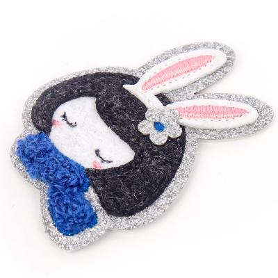 China Glitter Glitter Powder Edge Patch Chenille Rabbit Sleeping Girl Patch Cute Patch for Baby Clothes for sale