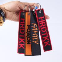 China Customized High-quality Gift Crafts Lightweight Long bar Embroidered Keychain Western Fabric  Key Tag Motorcycle Keychain for sale