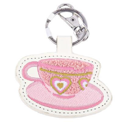 China Coffee Key Chain Wholesale Custom Pink Embroidery Cartoon Logo Holder Cute PU Leather Keychain Charms for Woman Girl for sale