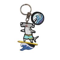 China Customized Embroidered Woven Mark Printing Key Ring Life Jacket Surfing Diving Cartoon Shark Keychain for sale