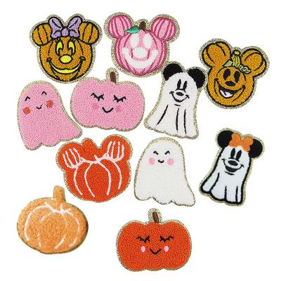 China Custom Embroidered Patches Iron on Chenille Flat Patches Bulk Halloween Glitter Cloth Bag Hat Badge for sale
