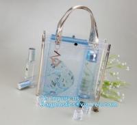 China promotional clear pvc cosmetic bags handle zipper for sale, eco soft loop die cut pvc clear handle plastic shopping bags for sale