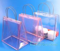 China pvc packaging shopping handle bag with button, promotional clear tote pvc handle shopping bag pvc tote bag, die cut hand for sale