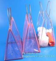 China pvc packaging shopping handle bag with button, promotional clear tote pvc handle shopping bag pvc tote bag, die cut hand for sale