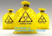 China Colored medical waste bags biohazard garbage plastic bags on roll with warning logo, Flat top recycling colored biohazar for sale