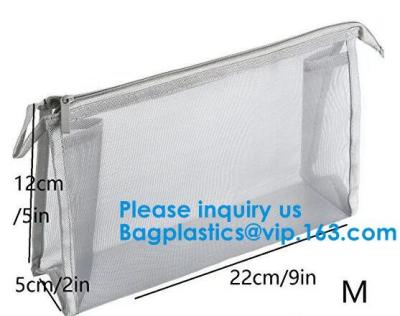 China Travel Toiletry PouchCustom Small Portable White Mesh Zipper Cosmetic Bag With Leather Trim/Ladies Eco Makeup Hand Bag for sale
