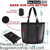 China Mesh Canvas Cooler Shopper Tote Bag For Beach Foldable Large Open Polyester Shopper Tote Bag With Full Mesh Body, bageas for sale