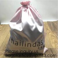 China White Satin Drawstring Bag With Silver Logo,Custom Printed White Satin Drawstring Bag For Hair, Pouch For Loungwear pac for sale