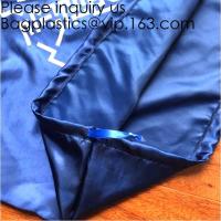 China Large Dark Navy Blue Satin Dust Bag With Drawstring,Thick Black Satin Pouch With Gold Printing, bag with Printed Ribbon for sale