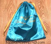 China Large Dark Navy Blue Satin Dust Bag With Drawstring,Thick Black Satin Pouch With Gold Printing, bag with Printed Ribbon for sale
