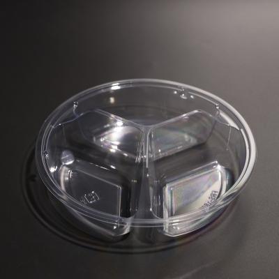 China BPA Free Clear Round 3 Compartment PET Food Tray 175mm for Cold Food for sale