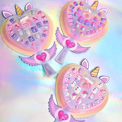 China OEM ODM Kids Press On Fake Nails Colorful Ready To Wear False Nails With Plastic Ring for sale