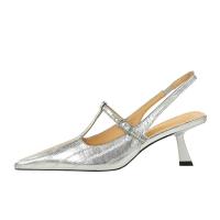 China 070-11 Korean Women'S Shoes High Heels Shallow Mouth Pointed T-Strap Rhinestone Buckle Back Shoes For Women for sale