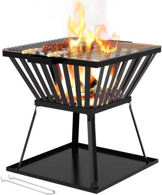 China Outdoor Heating Trapezoid Metal Wood Burning Firepit Stove with BBQ and Picnic Finish for sale