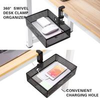 China Plating Under Desk Storage Drawer Clamp-on Swivel 360 Degree Rotation Hidden Desktop Organizer Pen Holder for sale
