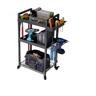 China Wall Mount 3 Tier Drill Rack Shelf Rolling Cart Tool Holder for Workshop Organization for sale
